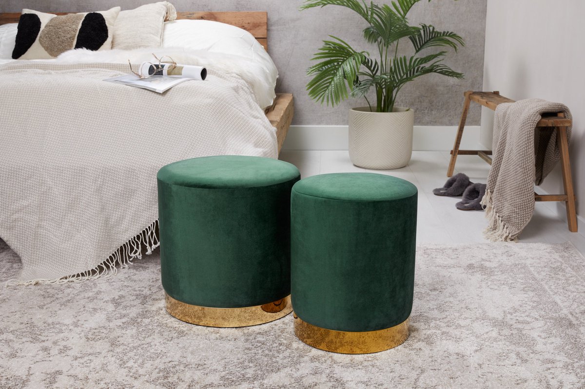 LIFA LIVING Poef Beau - Donkergroen & Goud - Zitbank - Modern - Rond ...