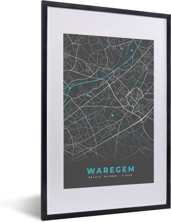 Fotolijst incl. Poster - België – Waregem – Stadskaart – Kaart – Blauw ...