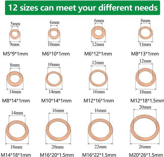 TRANKIELO® - Set van 300 Koperen Sluitringen - Assortiment in 12 Maten ...