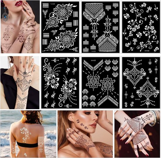 Allecto Plus - Sjablonen voor tijdelijke tatoeages - Bloemen en sieraden - Glans... | bol