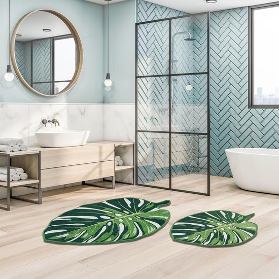 Miqna Monstera-patroon groene badmat - set van 2, antislip wasbare ...