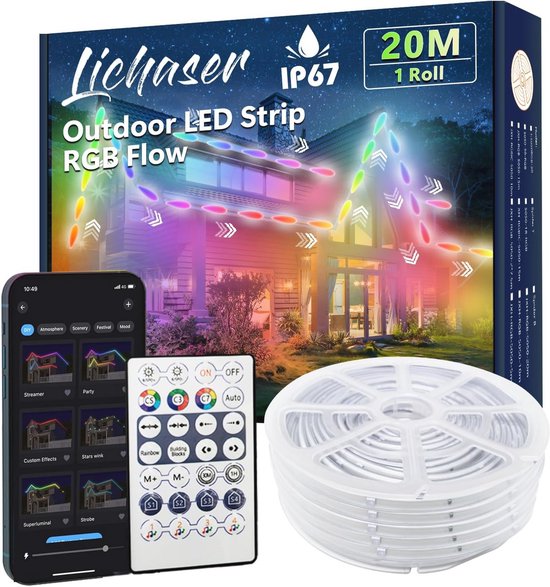 20m Waterdichte LED-strip voor Buiten - RGB+IC Kleuren met BT-app en RF ...