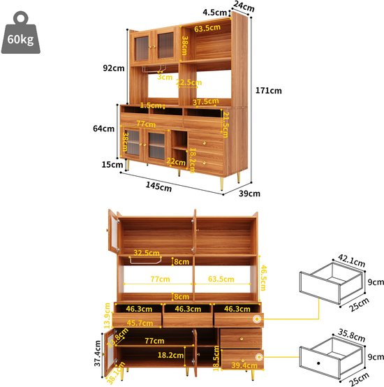 Merax Hoge Buffetkast met Glazen Deuren – Keukenkast 145x39x171 cm ...