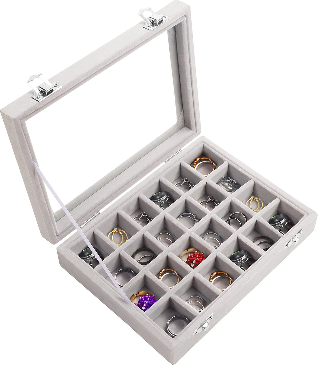 Kurtzy Grijs Velours Sieraden Ringen Display Doos (24 Vaks) – L20,2 x ...