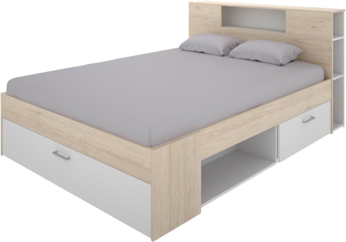 Bed met hoofdeinde, opbergruimte en lades - 140 x 190 cm - Wit en ...