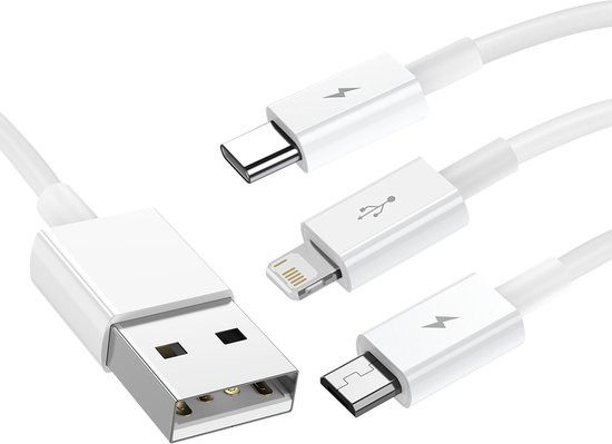 Kabel 3 in 1 USB naar Lightning, USB-C en Micro USB 2.5A 15 meter ...