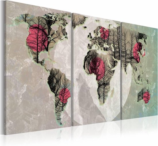 Schilderij - Moonlight map, wereldkaart , rood grijs , 3 luik | bol.com