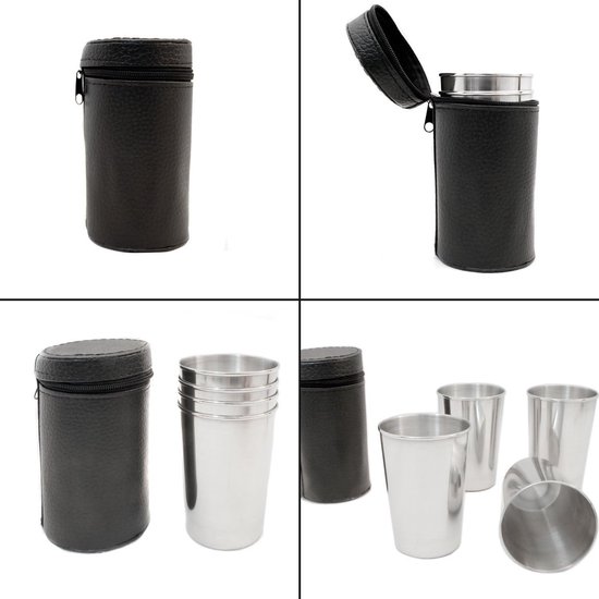 Set of 4 stainless steel camping cups in leather bag - unbreakable and ...