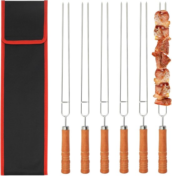 Grillspiesen 6 stuks met nylon tas - houten handvat - dubbele spiesen ...