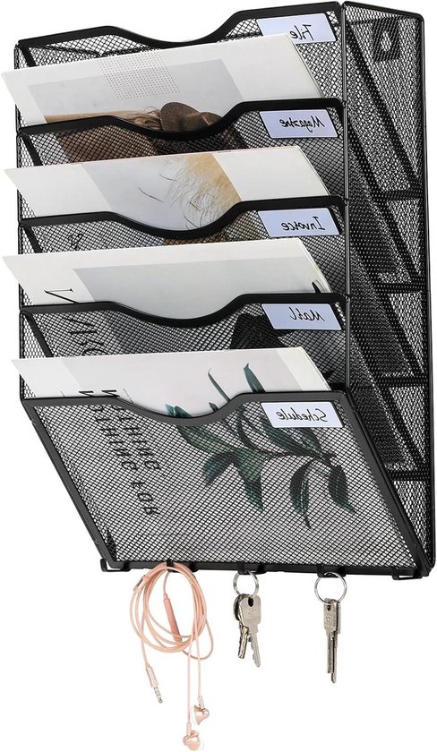 5 Tier A4 Mesh Wall File Organizer with 5 Hooks for Keys - Black | bol