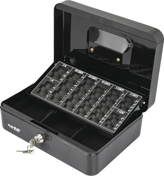 Afsluitbare geldcassette met muntentelbord - zwart - 25 x 18 x 9 cm | bol