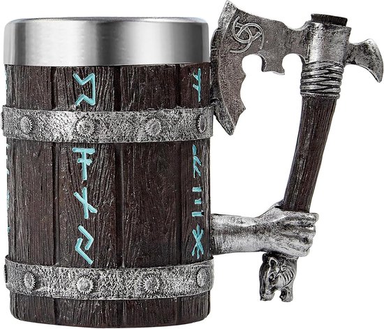 Vikingmok met bijlhandvat - Nordic Rune - eikenhouten bier Stein ...