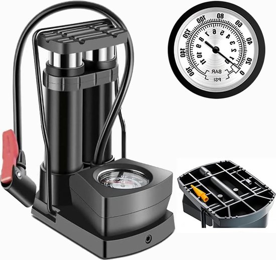 Fietspomp met drukmeter - Dubbele cilinder voetpomp - Draagbare luchtpomp - Grote... | bol