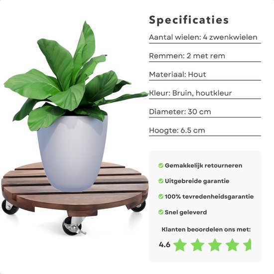 Plantentrolley Hout - 30 cm - Met Wieltjes en Rem - Verplaatsbare ...