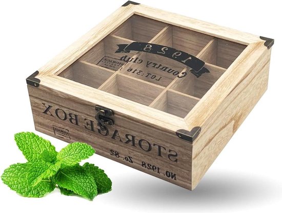 Vintage Tea Box with 9 Compartments - Large Tea Storage Box | bol