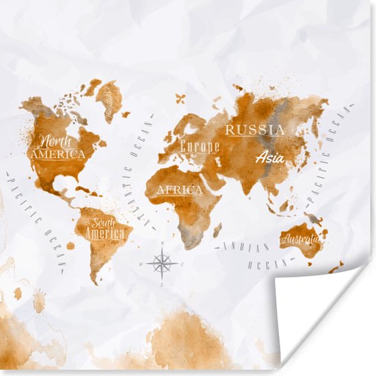 Poster Kaart - Goud - Wereld - 100x100 cm XXL | bol