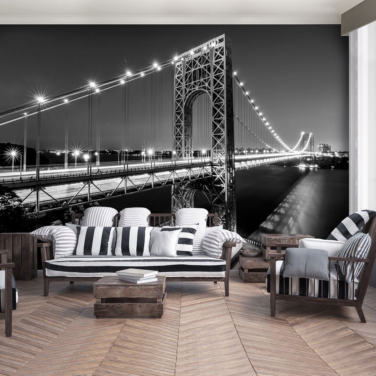 Fotobehang - Vlies Behang - Grote Verlichte Brug in zwart-wit - 254 x ...