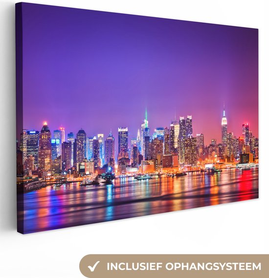 Canvas Schilderij New York - Skyline - Paars - 140x90 cm - Wanddecoratie | bol