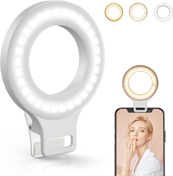 Oplaadbare Klem-Ringlamp - 24 LED Selfie Verlichting - 3 Lichtmodi & 5 ...