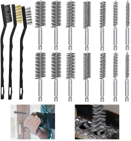 17 Pieces Various Sizes Round Wire Brush with Hex Rod 1/4 Stainless ...