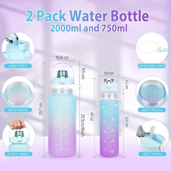 2 Pack Waterflessen BPA-vrij met Rietje en Tijdmarkering - 2L en 750ML ...