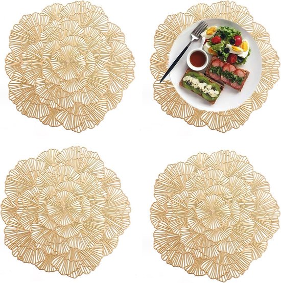 4 Stuks Ronde Holle Bloemen Gouden Placemat Set - Plastic ...