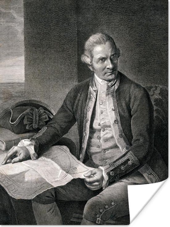 Poster tekening van een James Cook met kaart - 120x160 cm XXL | bol