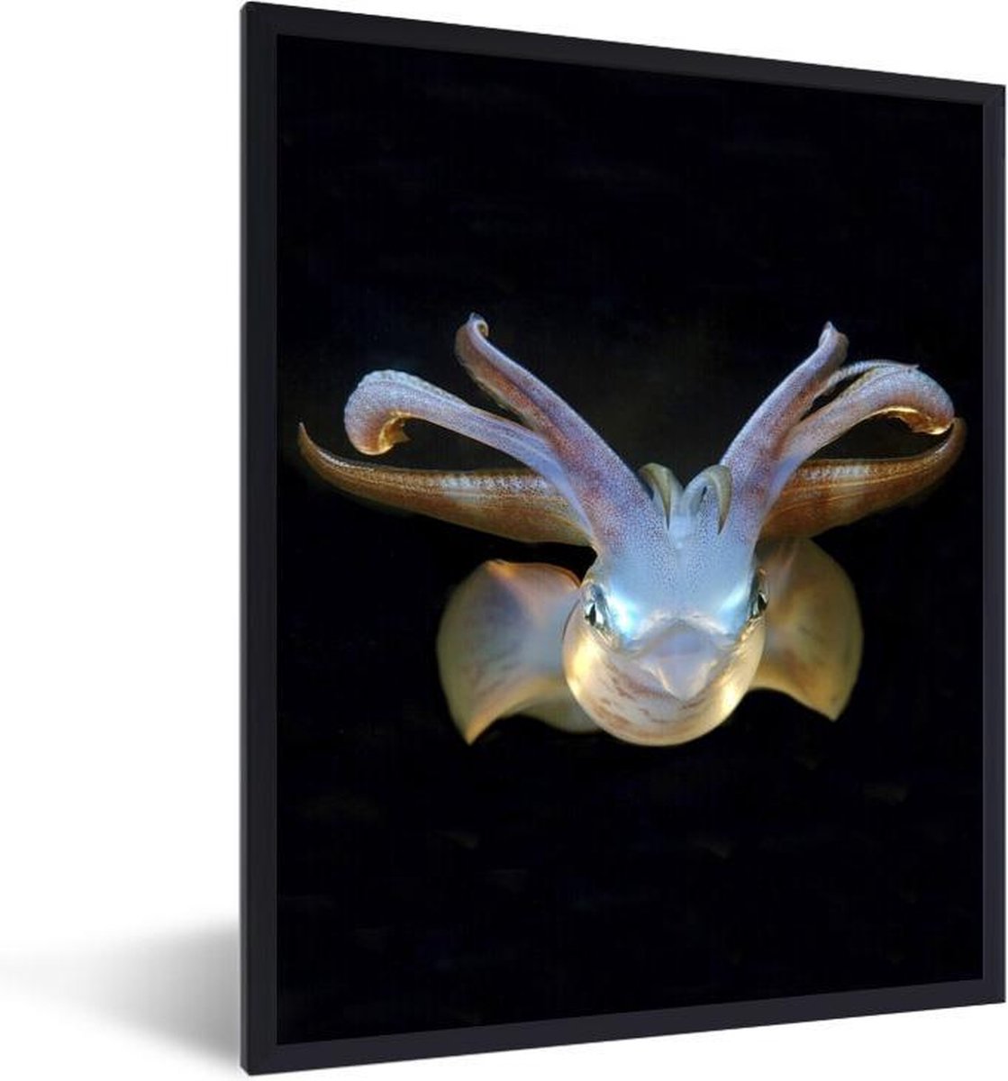 Poster met lijst Alleen in het Water - Close-up van een inktvis in het ...