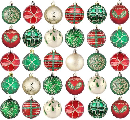 Kerstballen - Rood Groen Goud Kerstversiering - 30 Stuks Kunststof ...