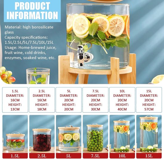 Glazen drankdispenser met houten standaard - Lekvrije roestvrijstalen 7,5L... | bol