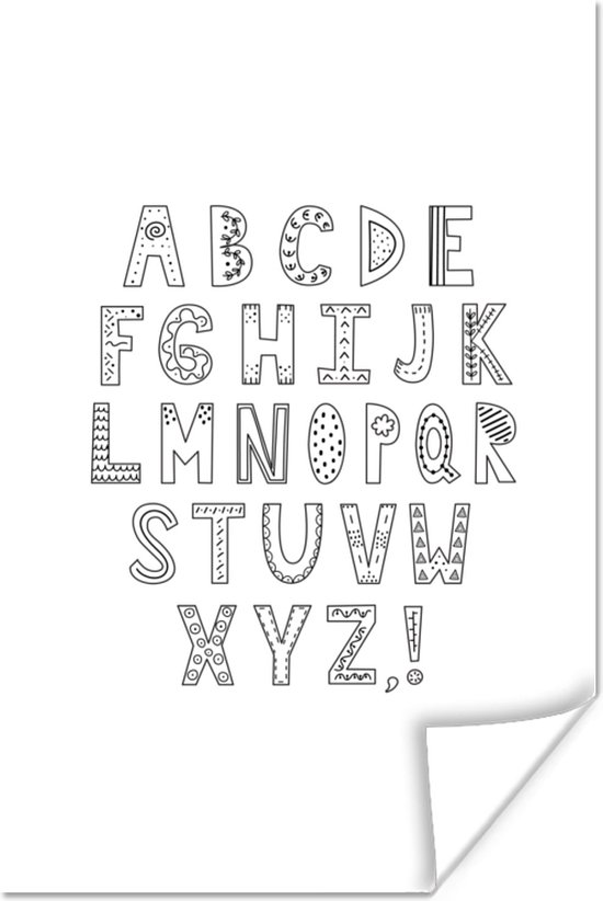 Poster Illustratie alfabet en versierde letters zwart-wit - 20x30 cm ...