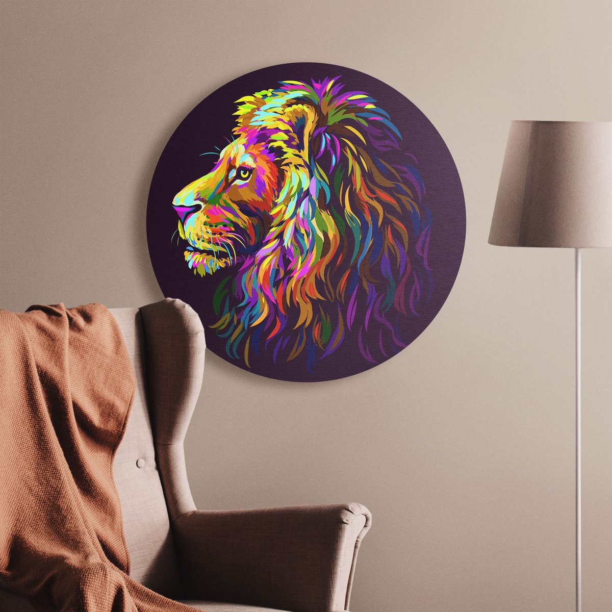 Cercle Mural Artaza Dibond - Lion Coloré - Tête de Lion - Abstrait - Ø ...