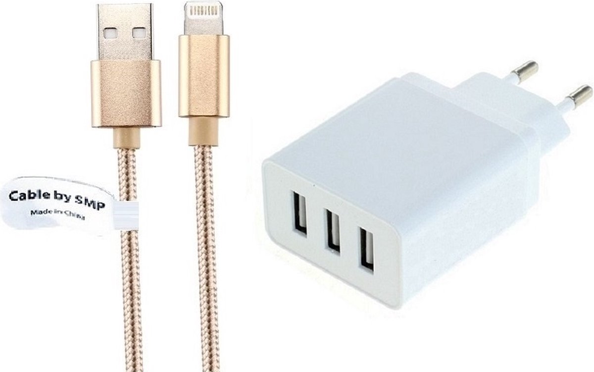 3A lader + 2,0 m Lightning USB kabel. Oplader adapter met 3 poorten ...
