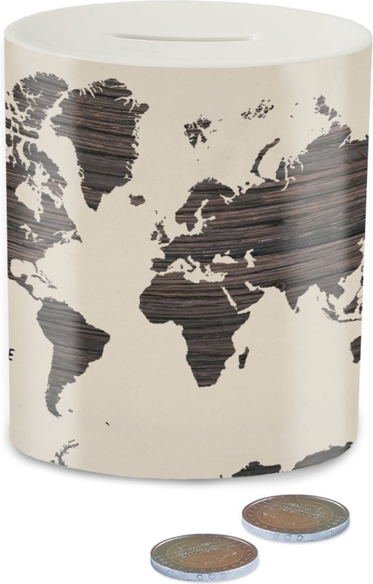 Spaarpot - Spaarblik - Wereldkaart - Hout - Bruin - Spaarpotten ...