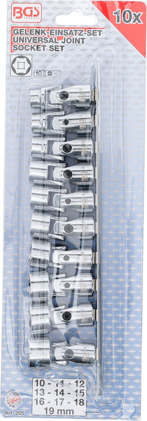 BGS Cardan doppenset zeskant 3/8 10 - 19 mm, 10 delig | bol