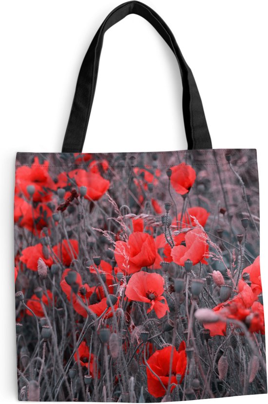 Schoudertas - Strandtas - Shopper Rode Klaprozen in een zwart wit ...