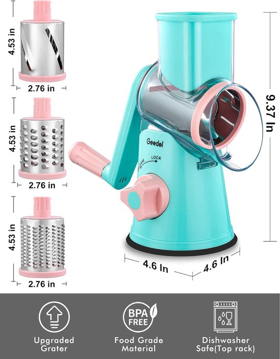 Kaasrasp, rasp voor groenten met 3 trommelbladen, trommelrasp, sneller ...