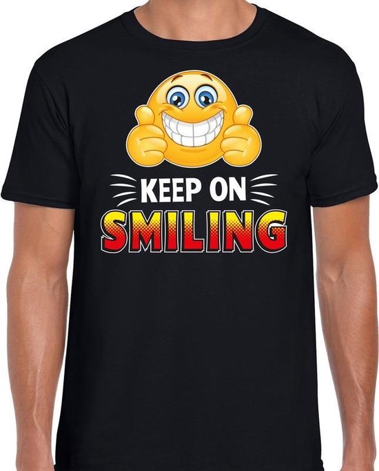 Funny emoticon t-shirt keep on smiling zwart voor heren - Fun / cadeau ...