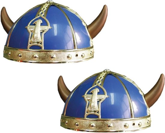 2x stuks gallier/vikingen verkleed helm blauw met hoorns - Carnaval ...