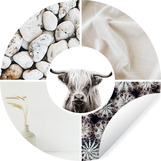 WallCircle - Muurstickers - Behangcirkel - Schotse Hooglander - Stenen - Cactus - Wit... | bol