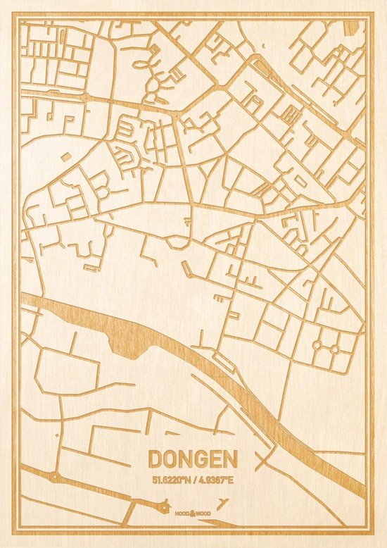Kaart Dongen - Gegraveerde stadskaart Hood&Wood - Hout, A4 | bol.com