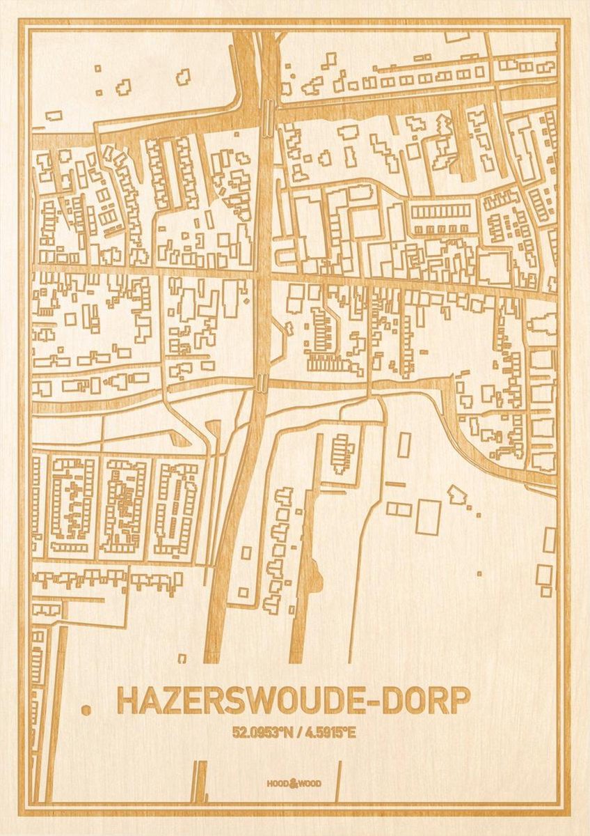 Kaart Hazerswoude-Dorp - Gegraveerde stadskaart Hood&Wood - Hout, A4 ...