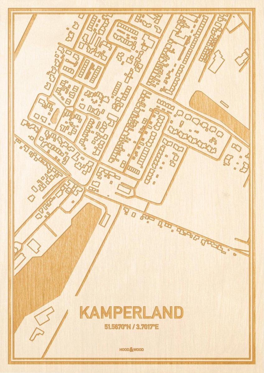 Kaart Kamperland - Gegraveerde stadskaart Hood&Wood - Hout, A4 | bol.com