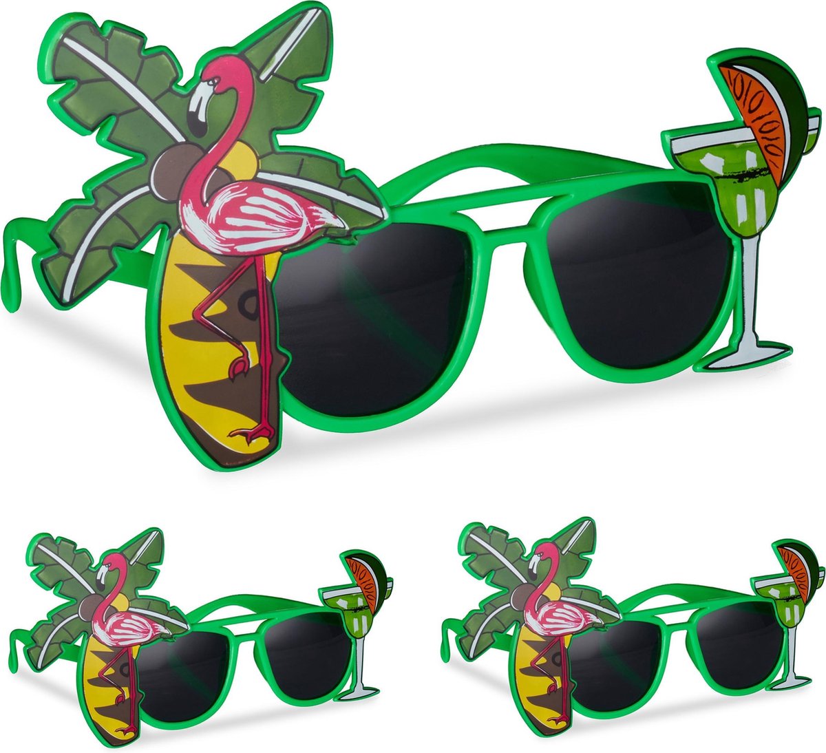 Relaxdays 3x Party bril Hawaii cocktailbril palmboom flamingo tropische ...