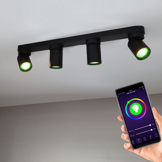 Smart - Tuya | Opbouw plafond spot | 4-voudig | Zwart | RGB + CCT ...