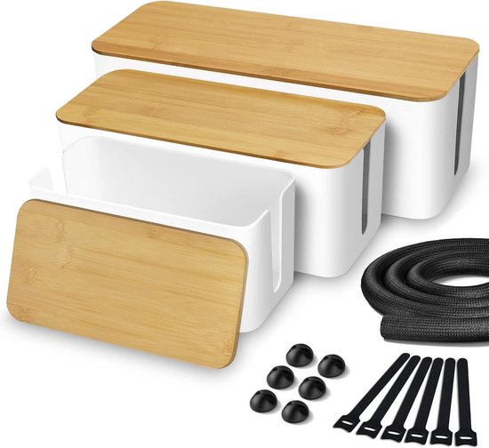 Kabelbox set van 3 kabelboxen wit van ABS-kunststof met bamboedeksel ...