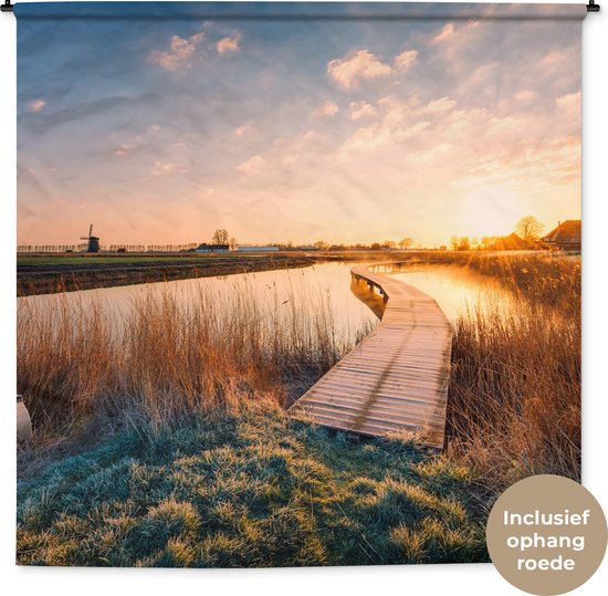 Wandkleed - Wanddoek - Zonsondergang in de Nederlandse polder - 180x180 cm - Wandtapijt | bol