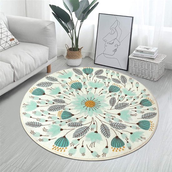 Rond tapijt voor de slaapkamer, 90 cm, ronde bloemen, plant, zacht ...