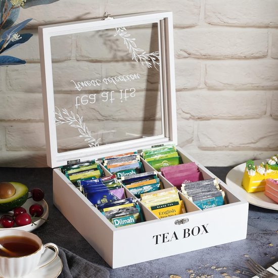 De tekst in het Nederlands zou zijn: Theedoos, witte houten theedoos ...