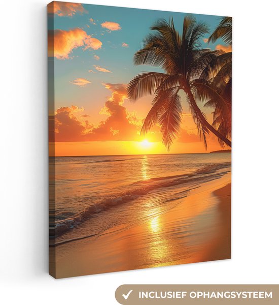 Canvas Schilderij 120x160 cm - Zonsondergang - Strand - Palmbomen - Zee - Zon -... | bol